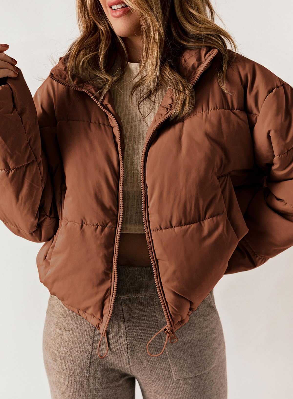 Dokotoo Womens Winter Coats Windbreaker Oversized Full Zipper Front Drawstring Hem Bomber Puffer Jacket Baggy Short Down Coats for Women Warm Comfy Outerwear with Pockets Small Orange