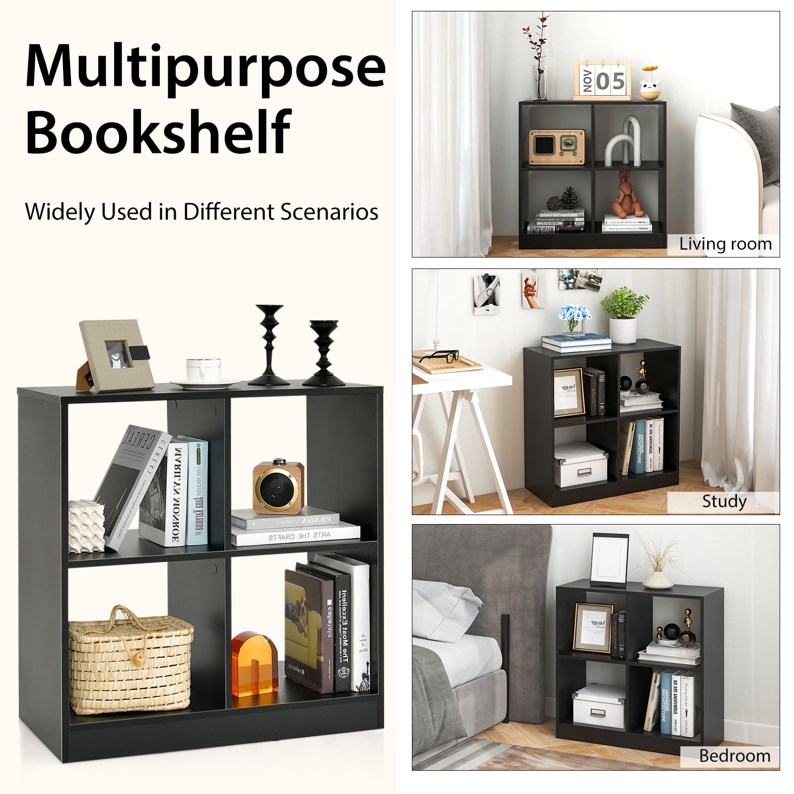 Giantex 4-Cube Bookcase Black - 2-Tier Freestanding Open Bookshelf with Anti-Toppling Device, Wooden Decorative Storage Organizer, Modern Floor Display Shelf for Kid's Room Study Bedroom Living Room