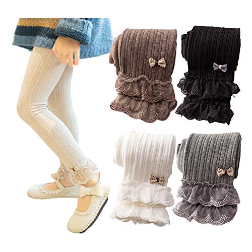 4 Pack Girls Ankle Length Cable Knit Footless Lace Ruffle Tights Stretch 9-12T