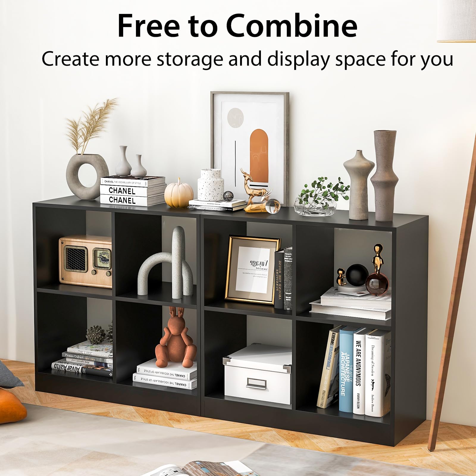 Giantex 4-Cube Bookcase Black - 2-Tier Freestanding Open Bookshelf with Anti-Toppling Device, Wooden Decorative Storage Organizer, Modern Floor Display Shelf for Kid's Room Study Bedroom Living Room