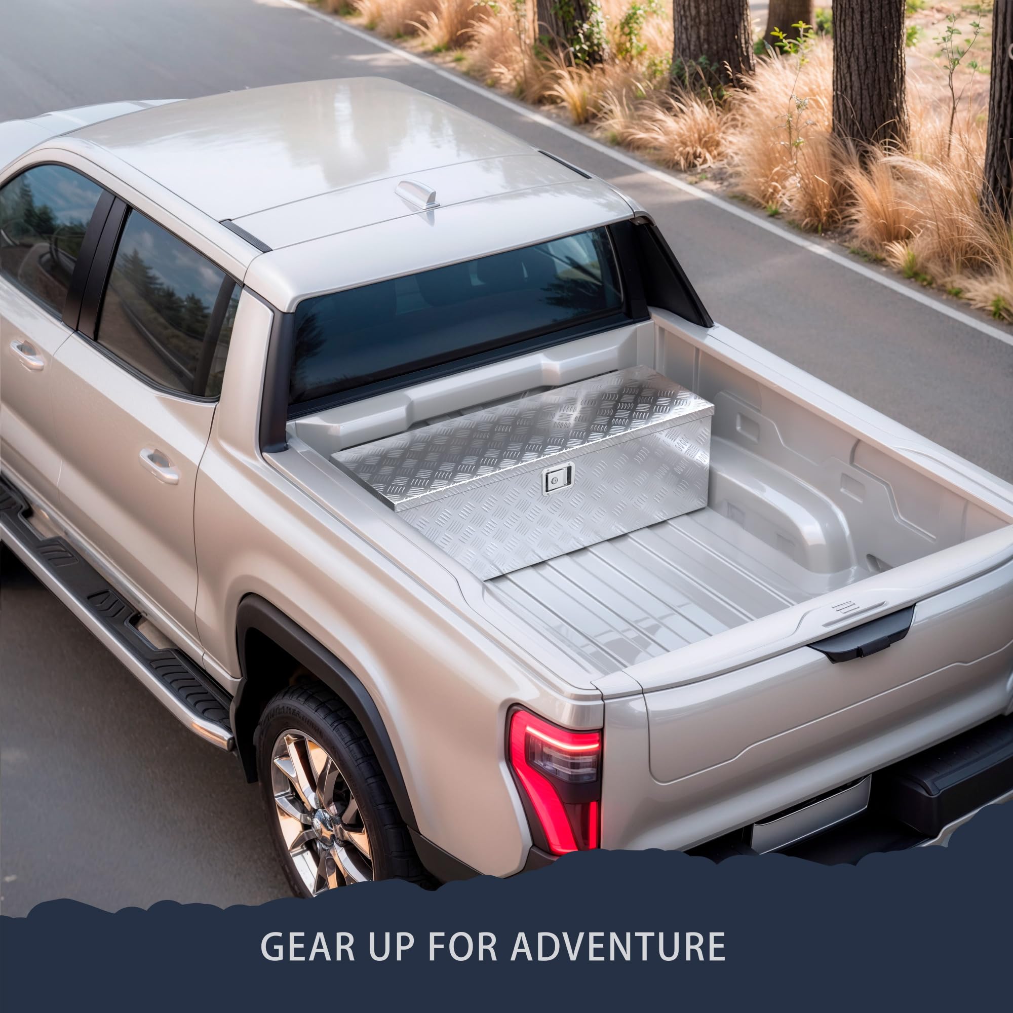 ARKSEN 49 Inch Heavy Duty Aluminum All Purpose Underbody Lock Storage Trailer Truck Trailer Chest Box Underbed Tools Organizer with Side Handle and Key Set β Silver