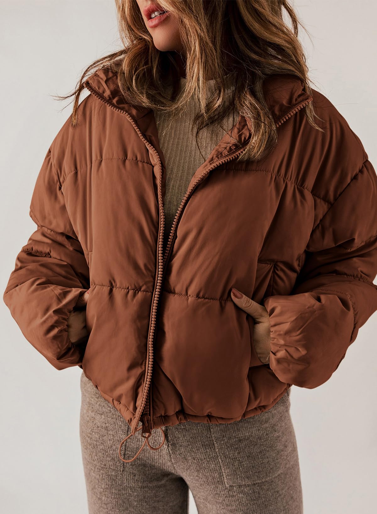Dokotoo Womens Winter Coats Windbreaker Oversized Full Zipper Front Drawstring Hem Bomber Puffer Jacket Baggy Short Down Coats for Women Warm Comfy Outerwear with Pockets Small Orange