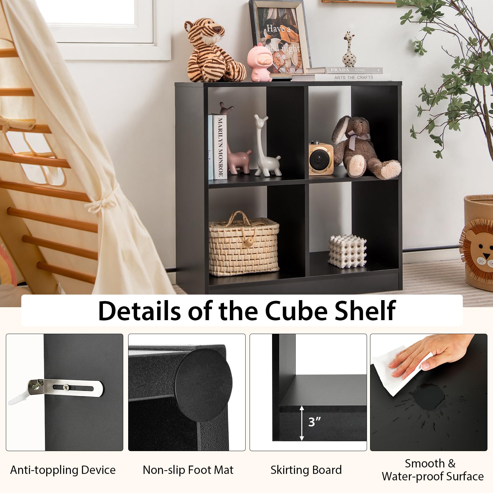 Giantex 4-Cube Bookcase Black - 2-Tier Freestanding Open Bookshelf with Anti-Toppling Device, Wooden Decorative Storage Organizer, Modern Floor Display Shelf for Kid's Room Study Bedroom Living Room
