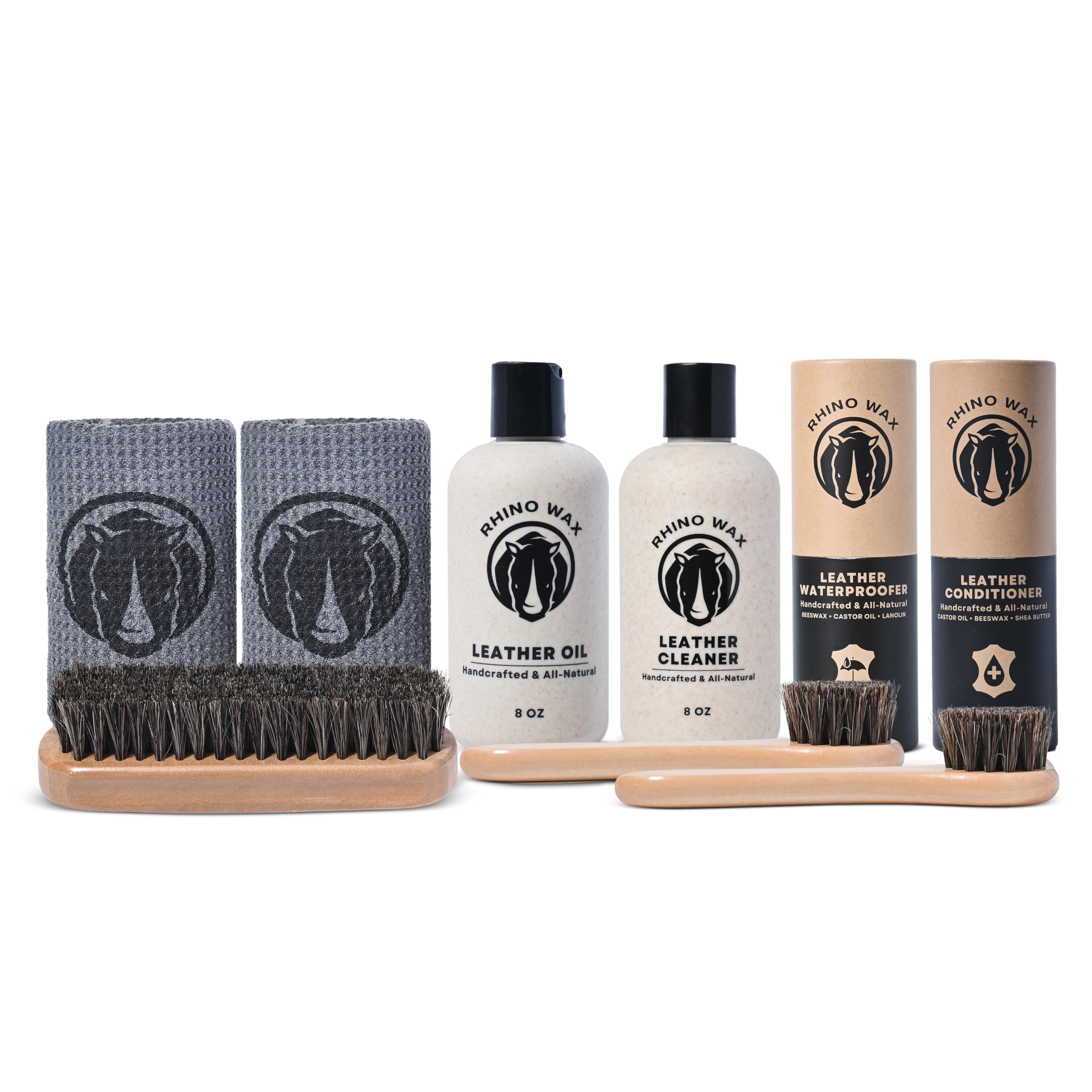 Rhino Wax - Complete Leather Cleaning and Conditioning Kit (Oil + Conditioner + Cleaner + Waterproofing Wax + Brushes + Cloths) - Cleans, Revitalizes and Protects Leathers - Proudly Made in The USA