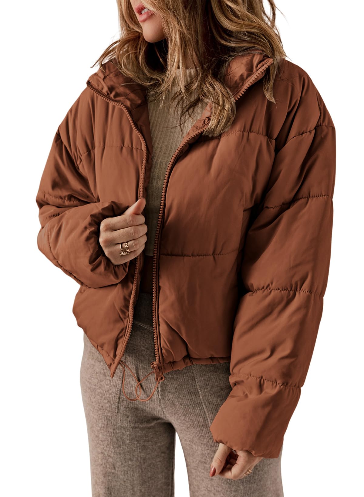 Dokotoo Womens Winter Coats Windbreaker Oversized Full Zipper Front Drawstring Hem Bomber Puffer Jacket Baggy Short Down Coats for Women Warm Comfy Outerwear with Pockets Small Orange