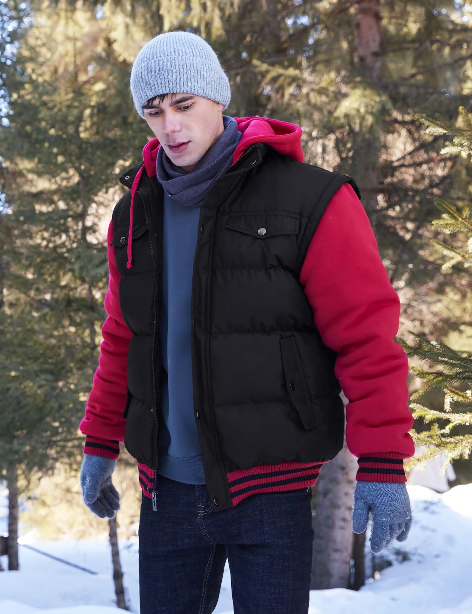 BEST SOUTH Men's Hooded Winter Coats Water Resistant Warm Thicken Insulated Full Zip Windproof Jackets with Pockets Black Red XL