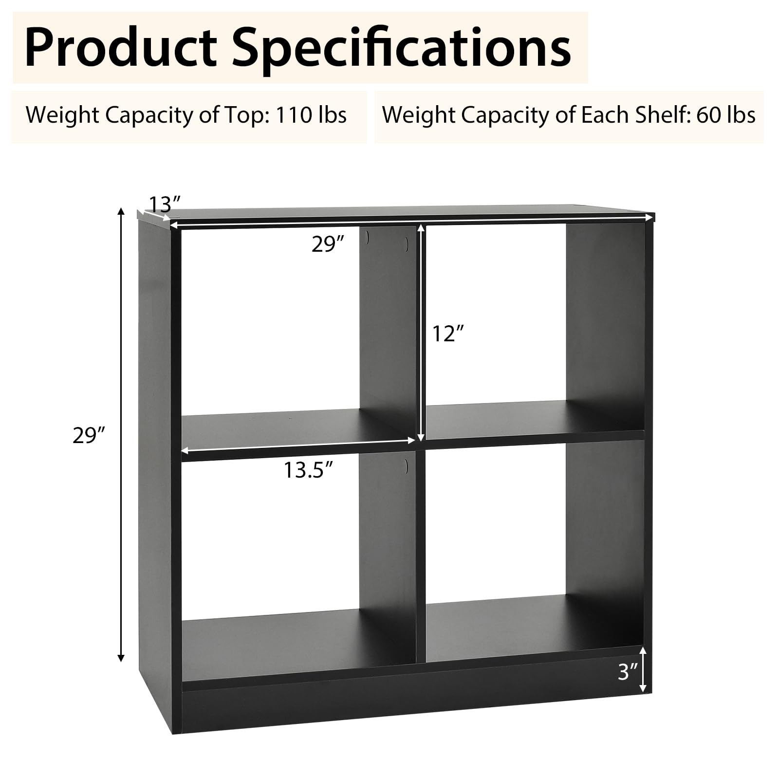Giantex 4-Cube Bookcase Black - 2-Tier Freestanding Open Bookshelf with Anti-Toppling Device, Wooden Decorative Storage Organizer, Modern Floor Display Shelf for Kid's Room Study Bedroom Living Room