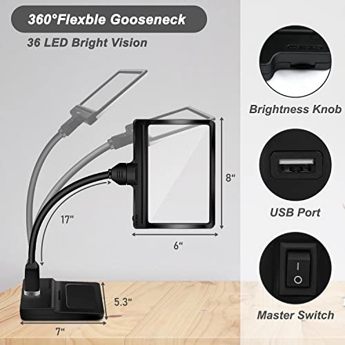 4X Magnifying Glass with Light and Stand, 36 LED Flexible Gooseneck Magnifying Desk Lamp, Ajustable Brightness Detachable Large Page Magnifier for Reading, Sewing, Crafts, Painting, DIY & Close Work