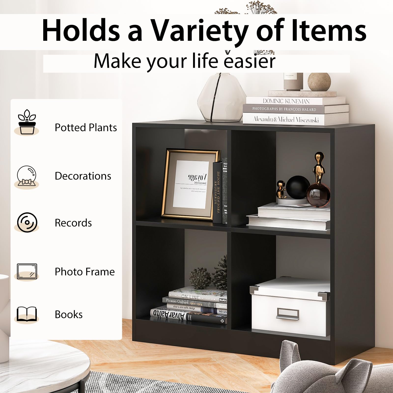 Giantex 4-Cube Bookcase Black - 2-Tier Freestanding Open Bookshelf with Anti-Toppling Device, Wooden Decorative Storage Organizer, Modern Floor Display Shelf for Kid's Room Study Bedroom Living Room