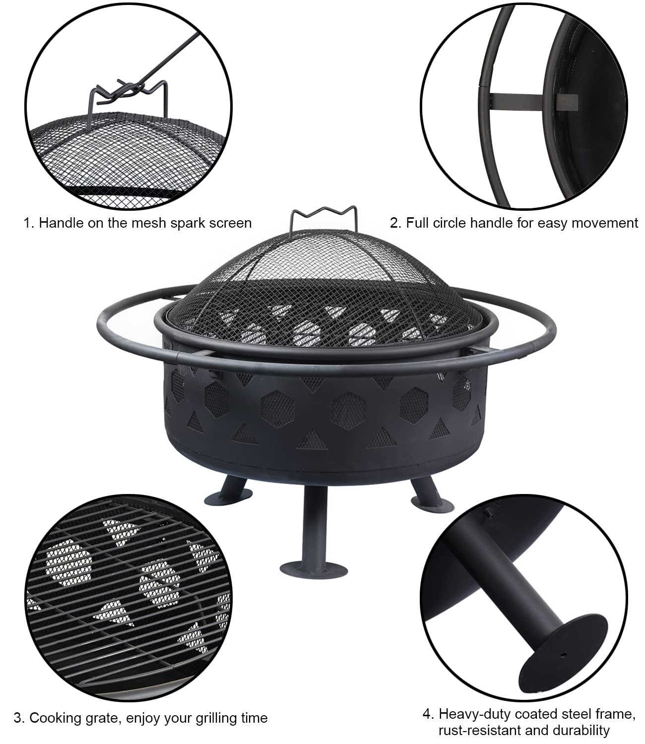 Bettermade 2 in 1 Fire Pit for Outside, 30in Wood Burning Outdoor Firepits with Spark Screen for Camping, Bonfire, Garden, Picnic, Includes Poker & Cooking Grate for Backyard Patio BBQ