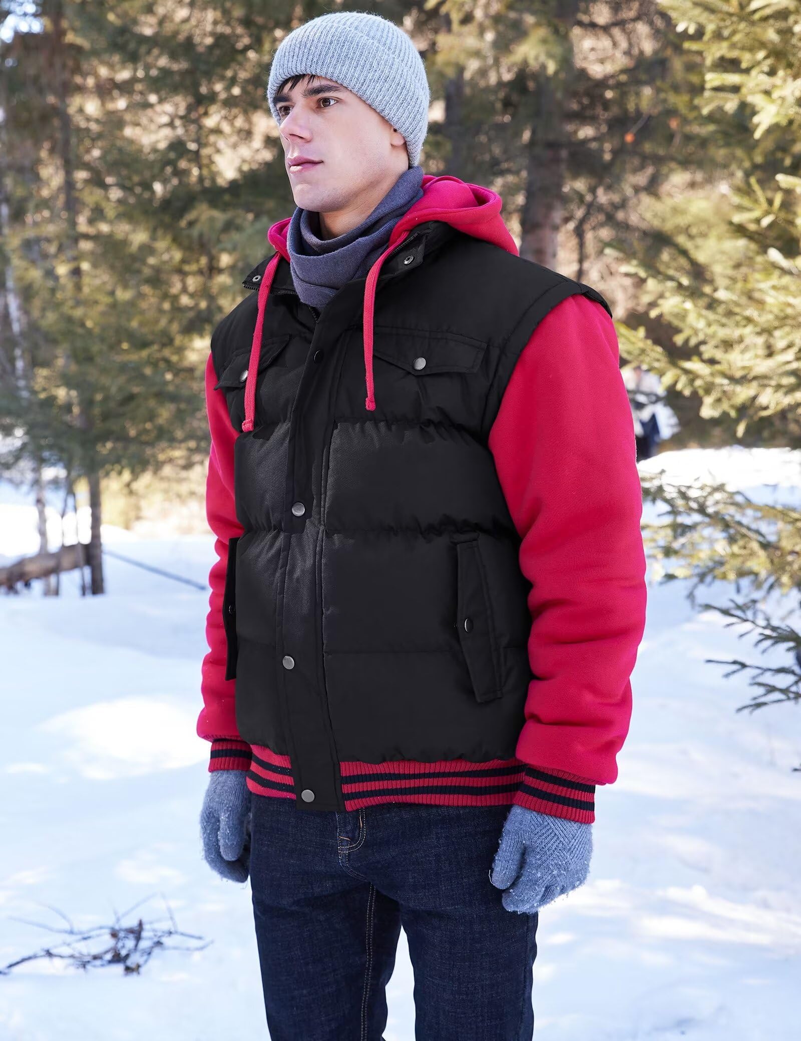 BEST SOUTH Men's Hooded Winter Coats Water Resistant Warm Thicken Insulated Full Zip Windproof Jackets with Pockets Black Red XL