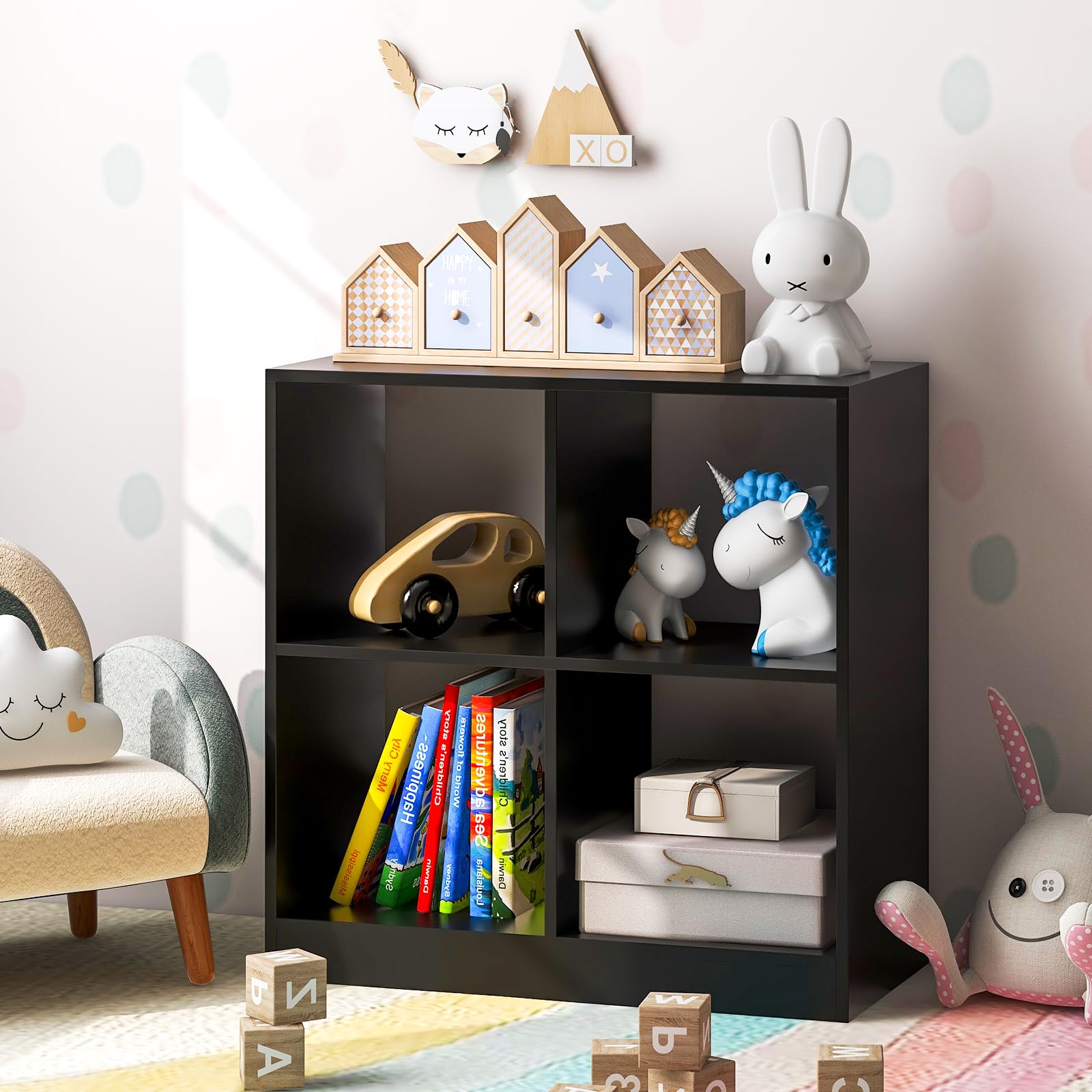 Giantex 4-Cube Bookcase Black - 2-Tier Freestanding Open Bookshelf with Anti-Toppling Device, Wooden Decorative Storage Organizer, Modern Floor Display Shelf for Kid's Room Study Bedroom Living Room