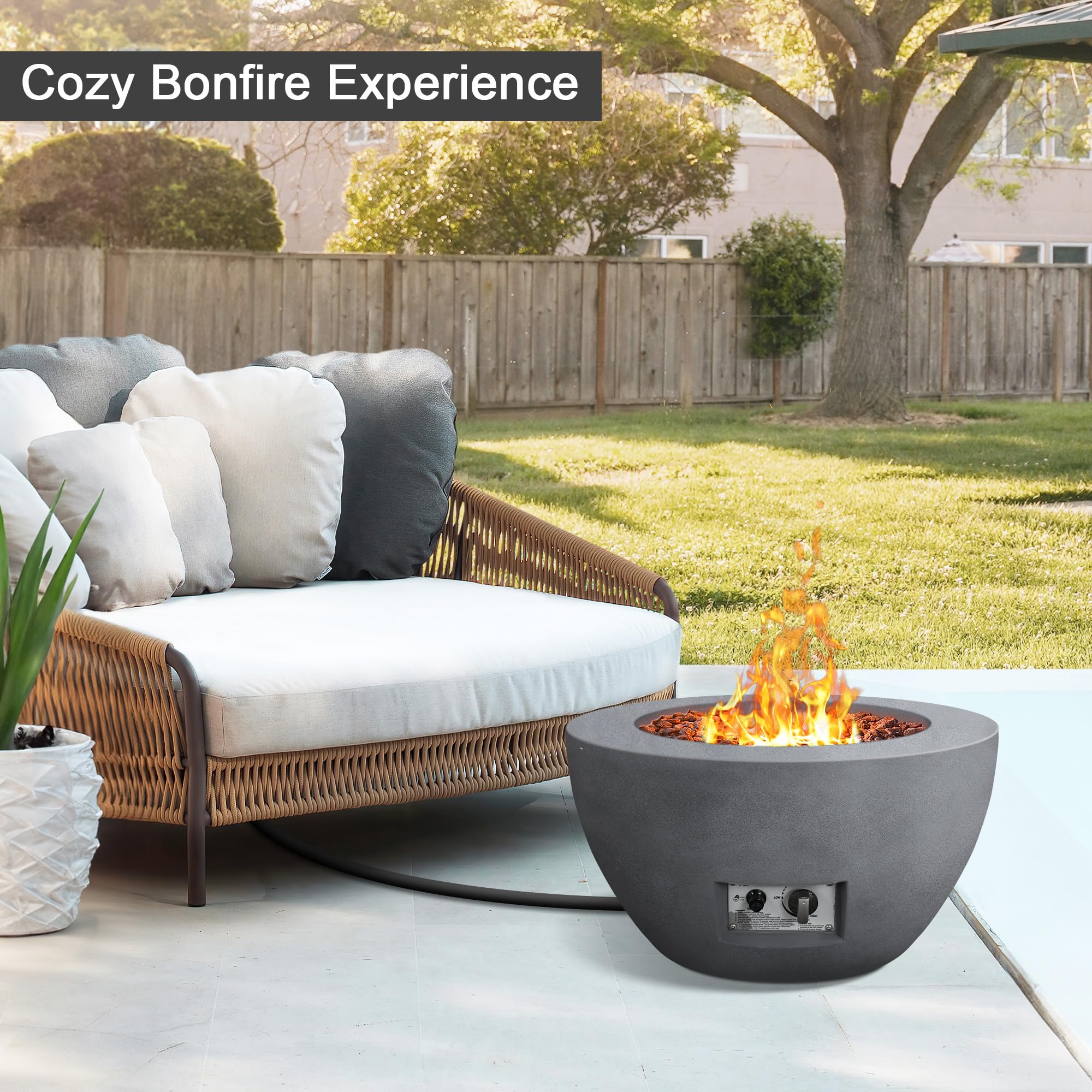 Kante 25 Inch Propane Fire Table, 50,000 BTU Large Concrete Fire Pit Table for Outdoor Garden Patio, Smokeless Gas Fire Pit with Waterproof Cover, Side Handles, Natural Concrete