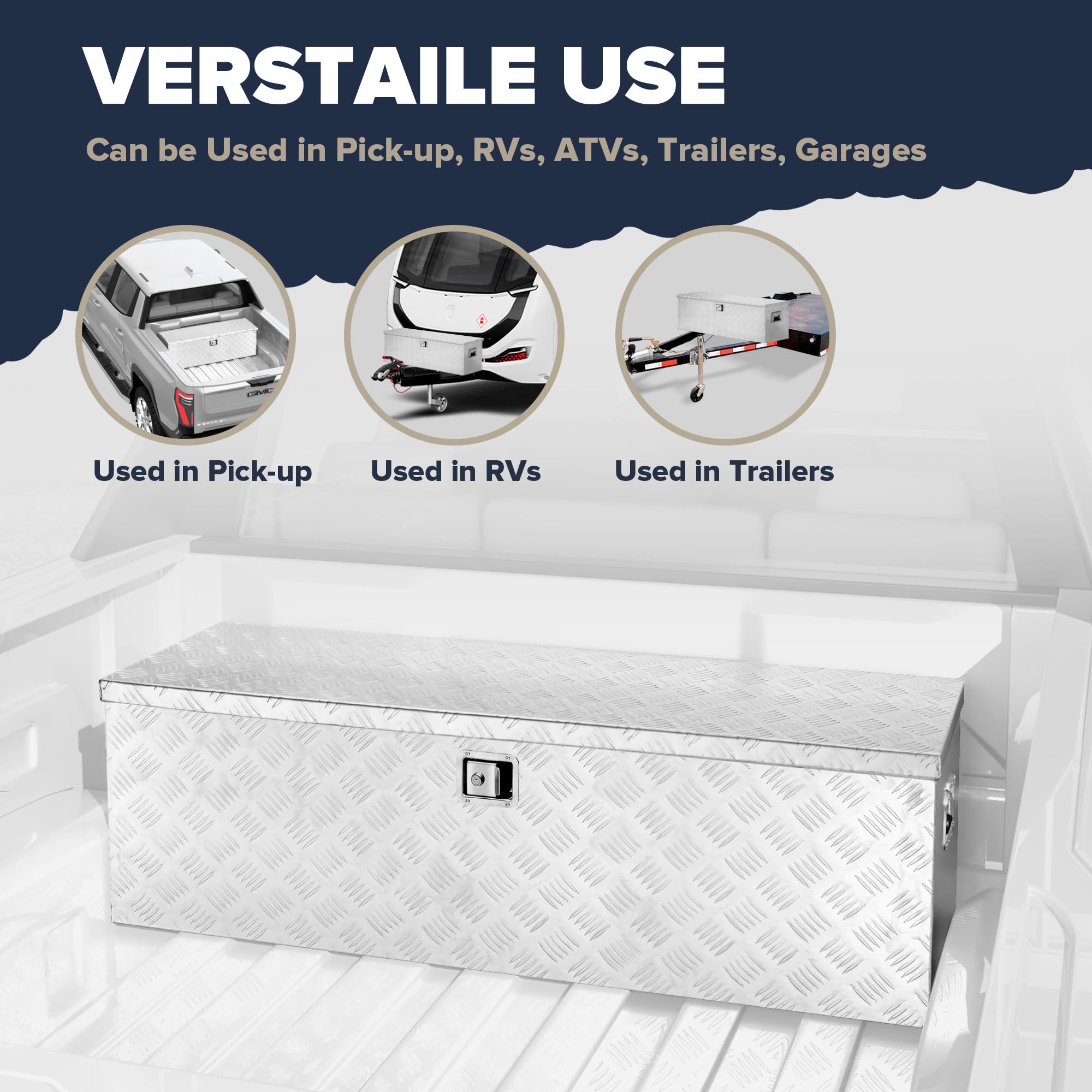 ARKSEN 49 Inch Heavy Duty Aluminum All Purpose Underbody Lock Storage Trailer Truck Trailer Chest Box Underbed Tools Organizer with Side Handle and Key Set β Silver