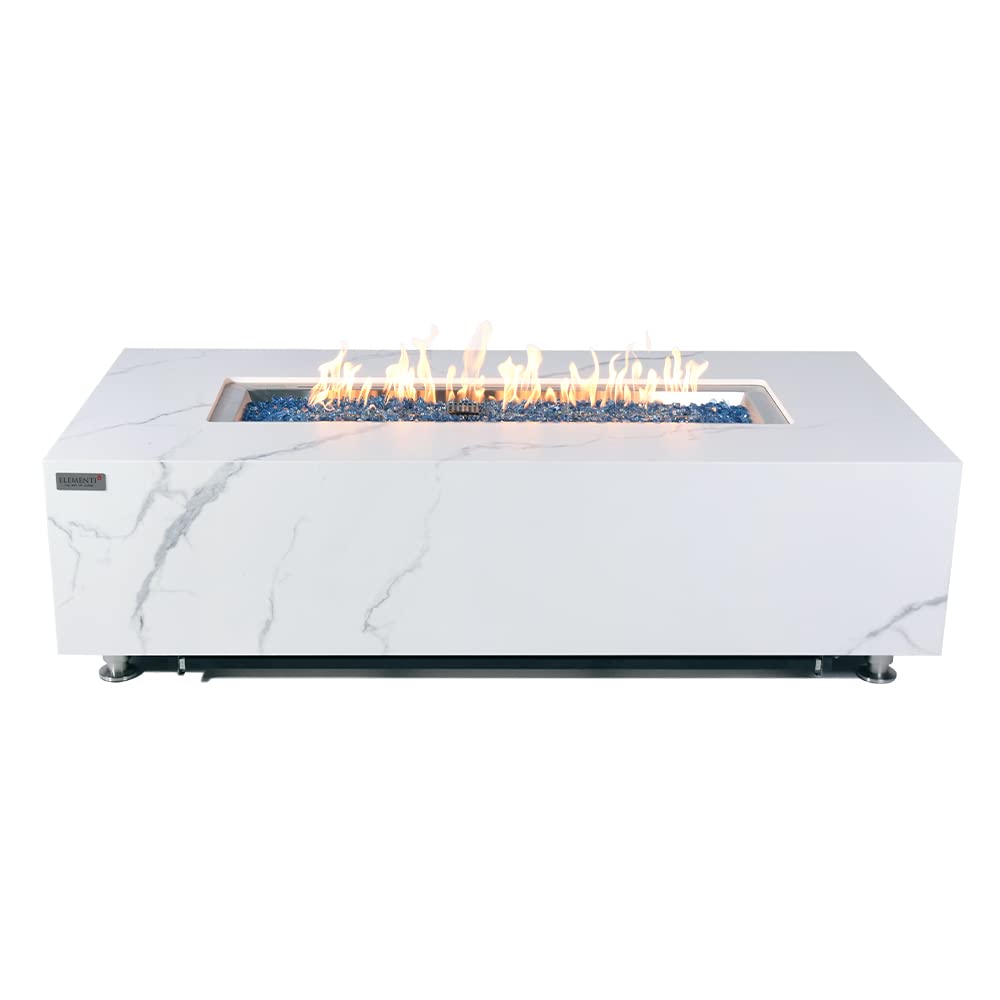 Elementi Plus Carrara Outdoor Table 59.8 Inches Fire Pit Patio Heater Marble Porcelain Firepits Outside Electronic Ignition Backyard Fireplace Cover Fire Glass Included Natural Gas