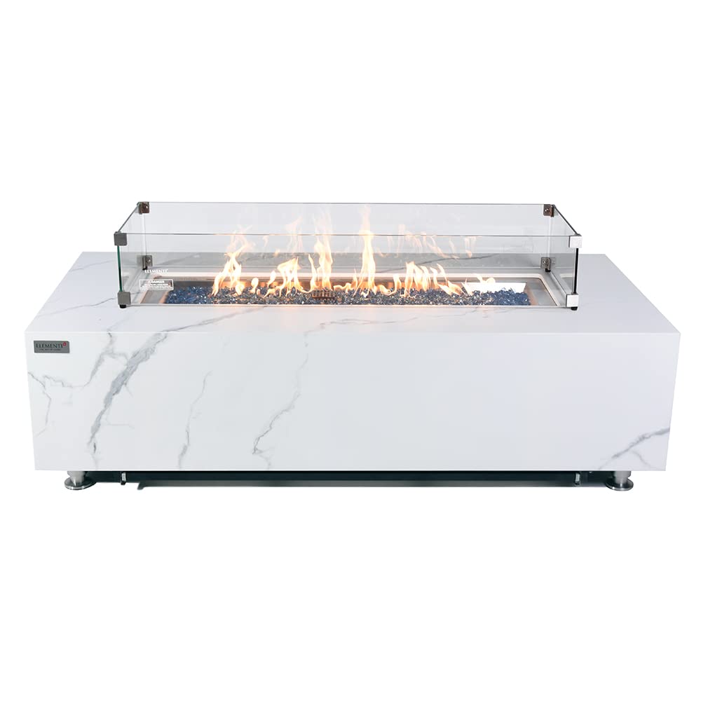 Elementi Plus Carrara Outdoor Table 59.8 Inches Fire Pit Patio Heater Marble Porcelain Firepits Outside Electronic Ignition Backyard Fireplace Cover Fire Glass Included Natural Gas