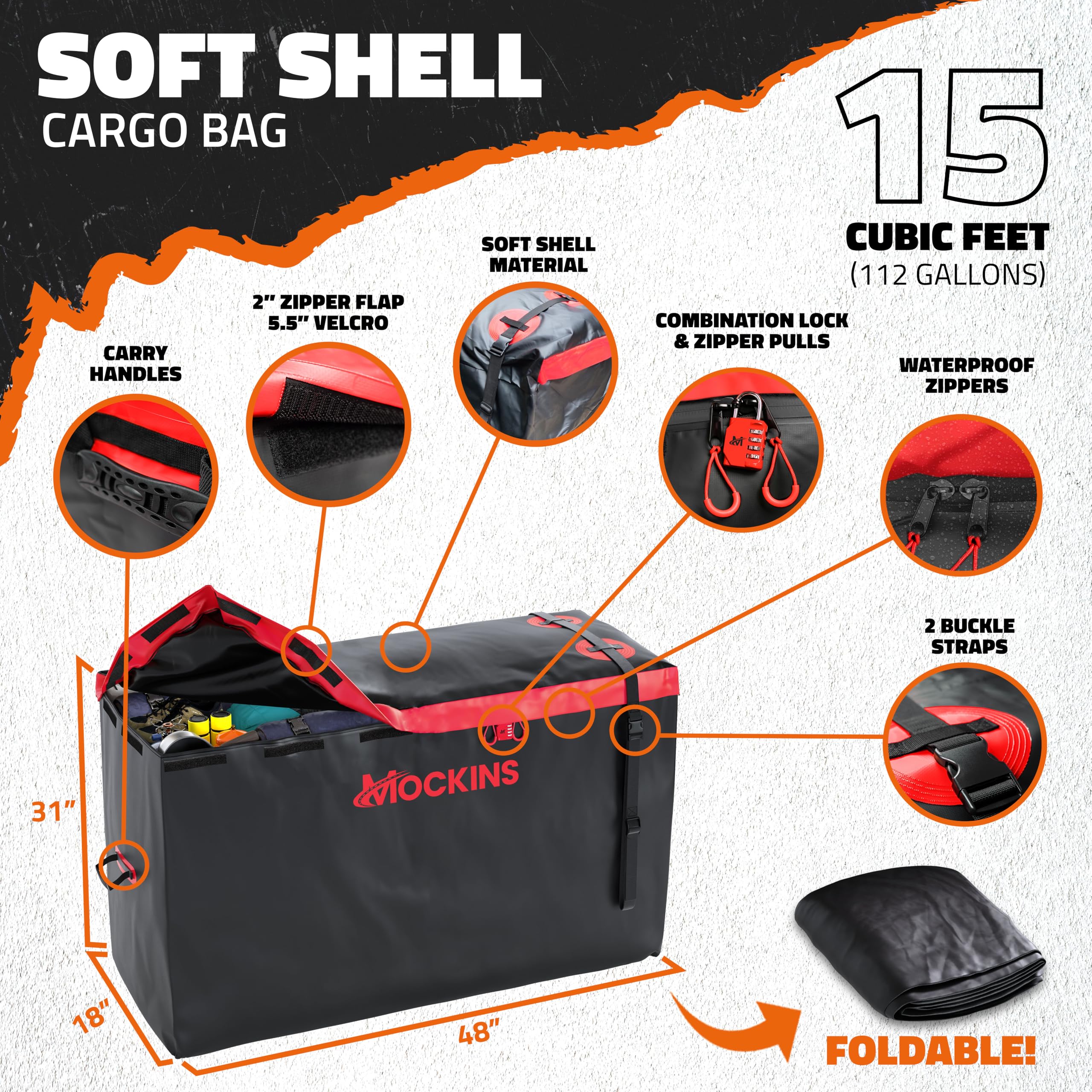 Mockins 15 Cu.Ft. Soft-Shell Trailer Hitch Cargo Carrier Bag w/ 4 Packing Cubes | 48"x18"x31" All-Weather & Waterproof Cargo Bag for Hitch Carrier | Durable Vinyl Truck Bed Bag w/Buckle Straps & Lock