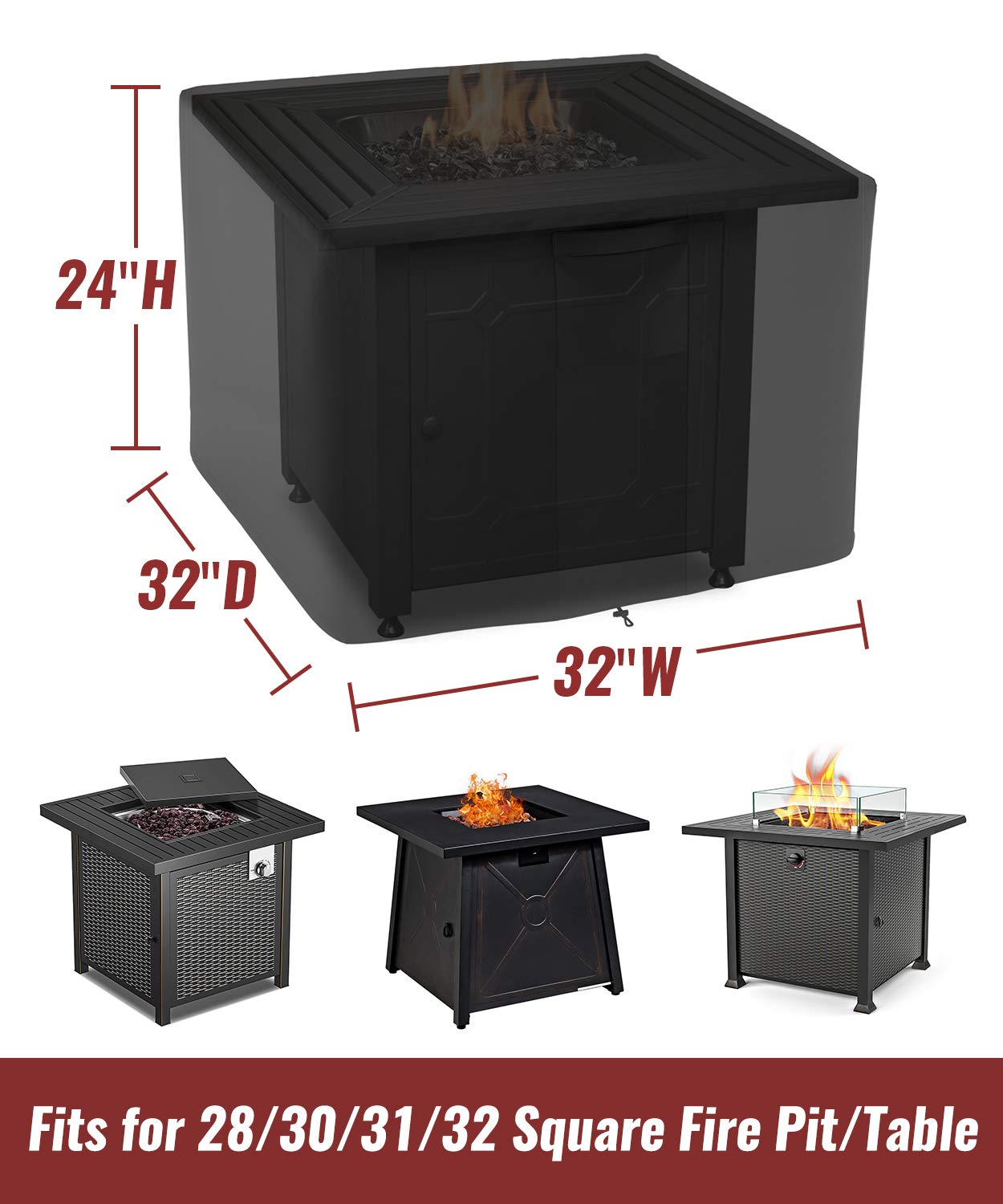 NUPICK 30 Inch Square Fire Pit Cover for Propane Fire Pit/Table, 100% Waterproof Cover Fits 28/30/32 Inch Fire Pit, All Weather Resistant