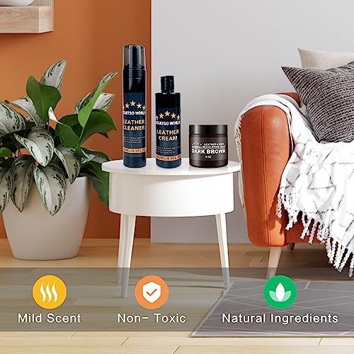 STARTSO WORLD Leather Restoration Kit | Includes Leather Recoloring Balm, Leather Cleaner, Protection Cream| Restores & Repairs (Dark Brown)