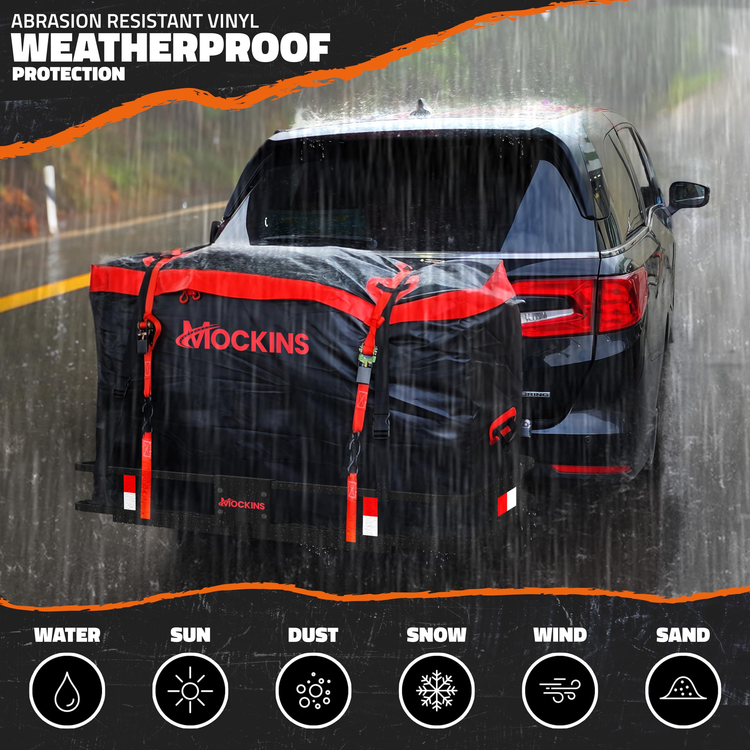 Mockins 15 Cu.Ft. Soft-Shell Trailer Hitch Cargo Carrier Bag w/ 4 Packing Cubes | 48"x18"x31" All-Weather & Waterproof Cargo Bag for Hitch Carrier | Durable Vinyl Truck Bed Bag w/Buckle Straps & Lock