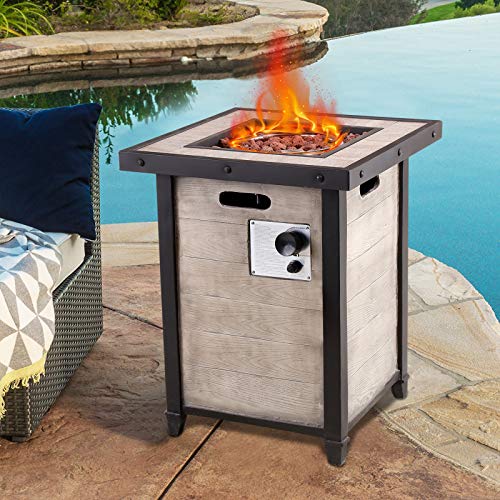 20" Outdoor Patio Propane Fire Pit Table, 40,000 BTU Auto-Ignition Gas Heater Column with Realistic Faux Wood Pattern, ETL Certification, for Outside Garden Backyard Deck