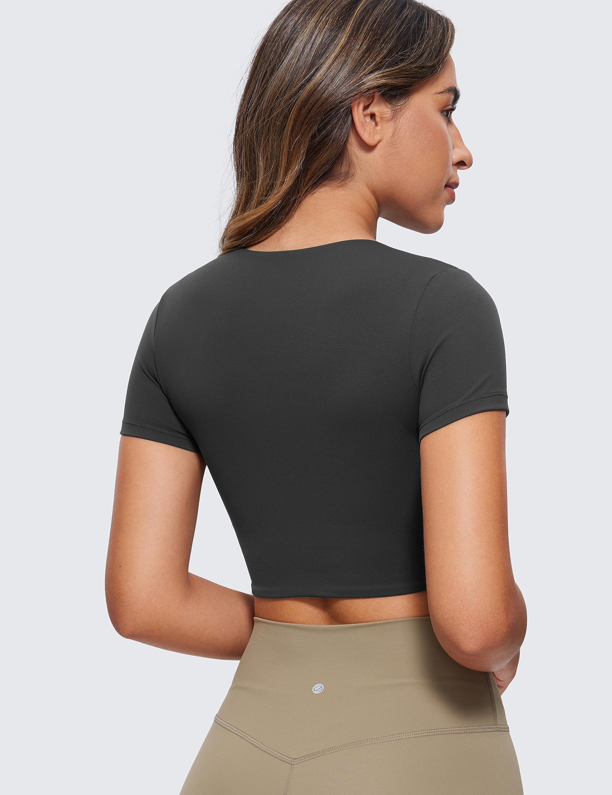 CRZ YOGA Womens Butterluxe Double Lined Short Sleeve Crop Tops Crew Neck Casual Workout T-Shirt Cute Basic Tee Black Small