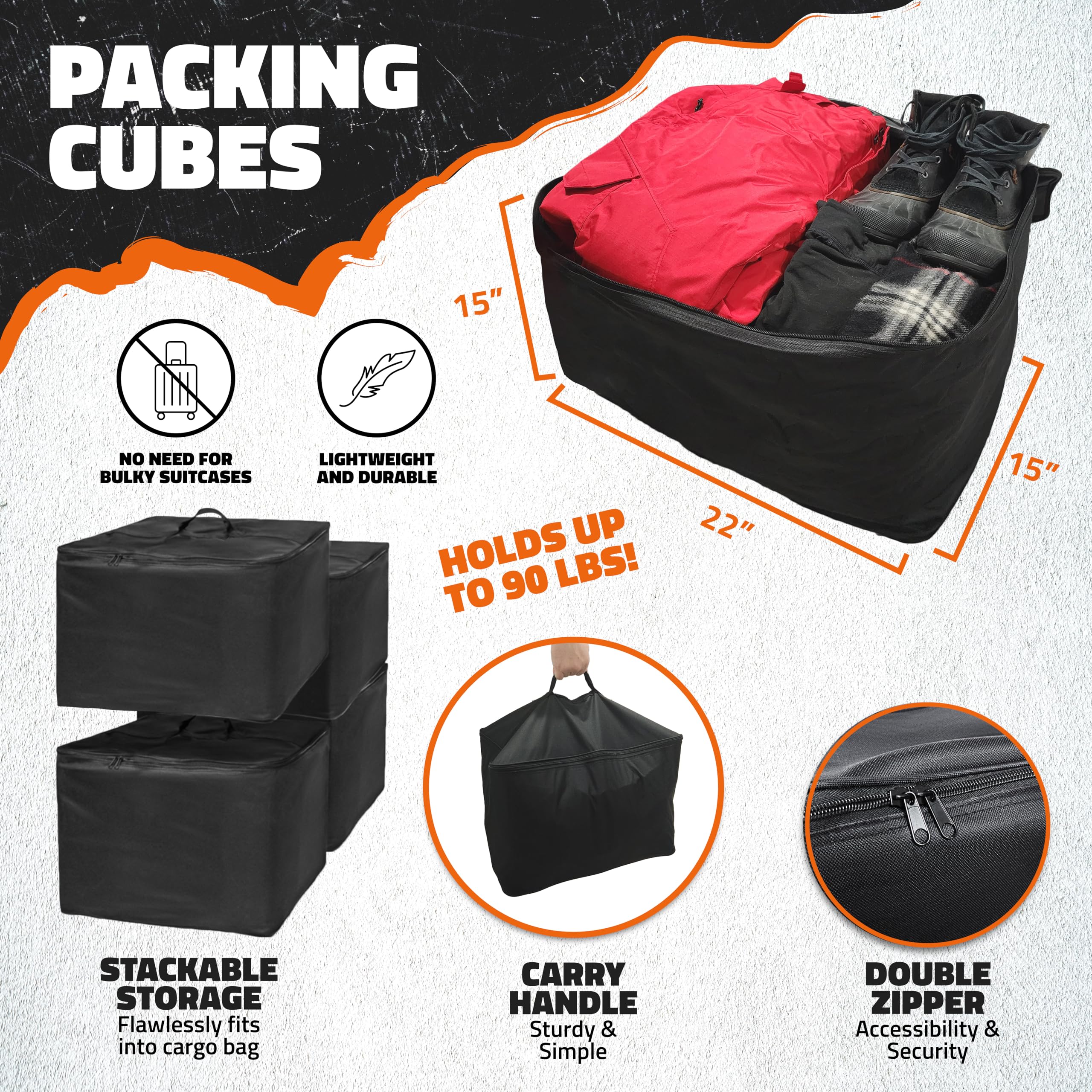 Mockins 15 Cu.Ft. Soft-Shell Trailer Hitch Cargo Carrier Bag w/ 4 Packing Cubes | 48"x18"x31" All-Weather & Waterproof Cargo Bag for Hitch Carrier | Durable Vinyl Truck Bed Bag w/Buckle Straps & Lock