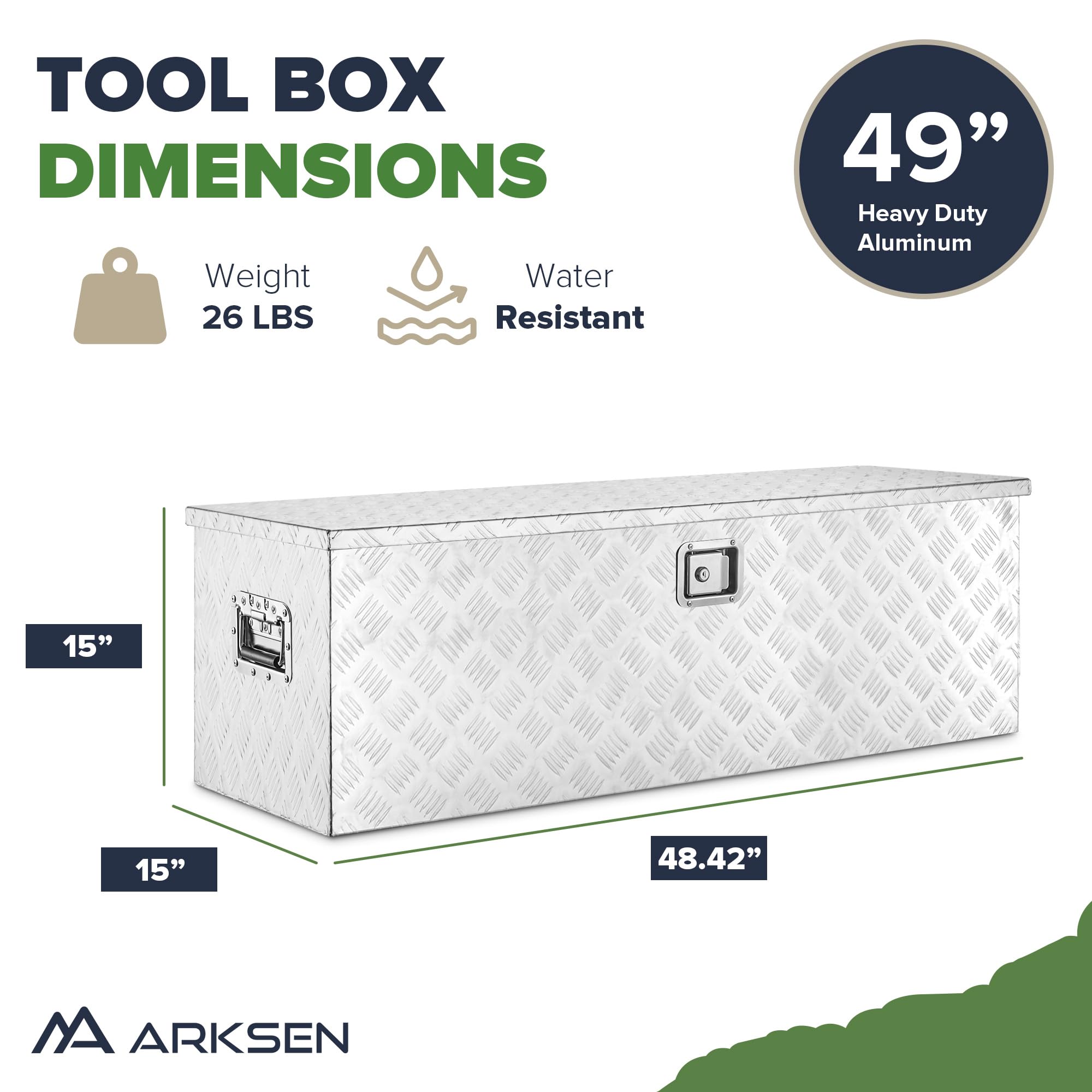 ARKSEN 49 Inch Heavy Duty Aluminum All Purpose Underbody Lock Storage Trailer Truck Trailer Chest Box Underbed Tools Organizer with Side Handle and Key Set β Silver