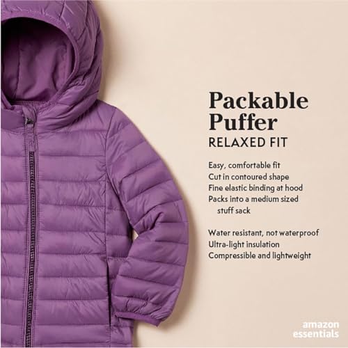 Amazon Essentials Girls' Lightweight Water-Resistant Packable Hooded Puffer Jacket, Navy Floral, Large
