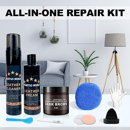 STARTSO WORLD Leather Restoration Kit | Includes Leather Recoloring Balm, Leather Cleaner, Protection Cream| Restores & Repairs (Dark Brown)