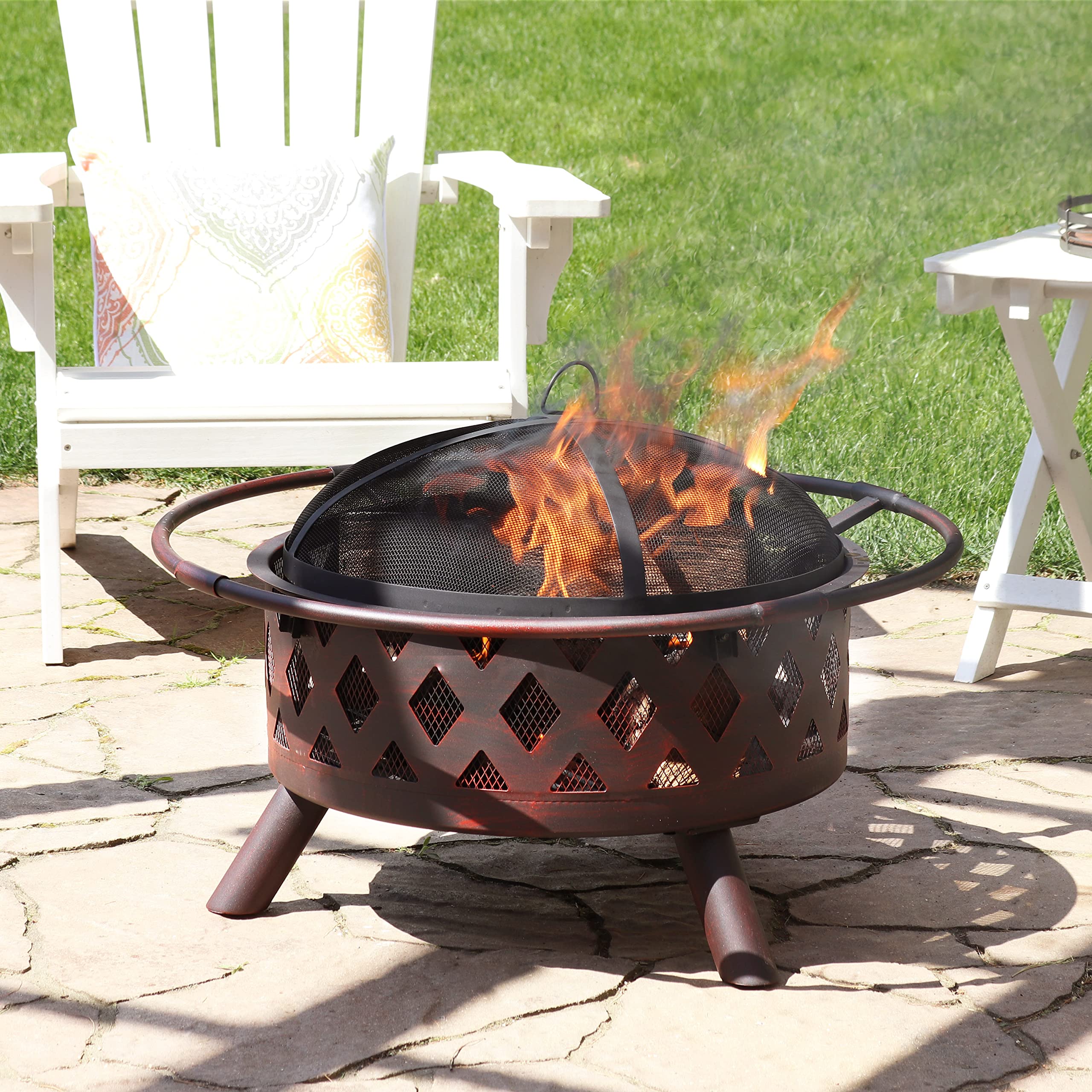 Sunnydaze Crossweave Outdoor Fire Pit - Wood-Burning Fire Pit for Outside with Spark Screen, Poker and Round Cover - 30-Inch - Bronze
