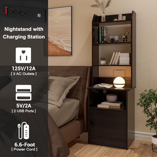 Aufvolr 6 Tier Bookshelf with Cabinet,Tall Night Stand with Charging Atation, Wood Book Shelf Storage Organizer, Modern Display Standing Shelf Unit for Bedroom, Living Room, Office (Black)