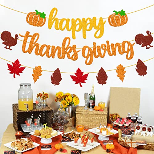 Happy Thanks Giving Banner Fall Leaves Garland Thanksgiving Day Autumn Turkey Theme for Happy Thanksgiving Party Glitter Gold Decoration