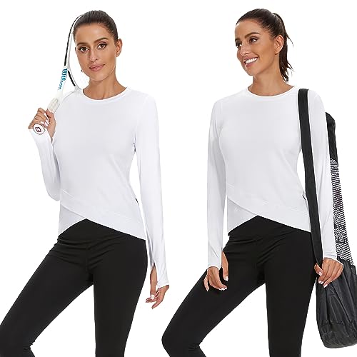 Soneven Women's Long Sleeve Compression Shirts Running Workout Tops Cross Hem Athletic Yoga T-Shirts with Thumbholes