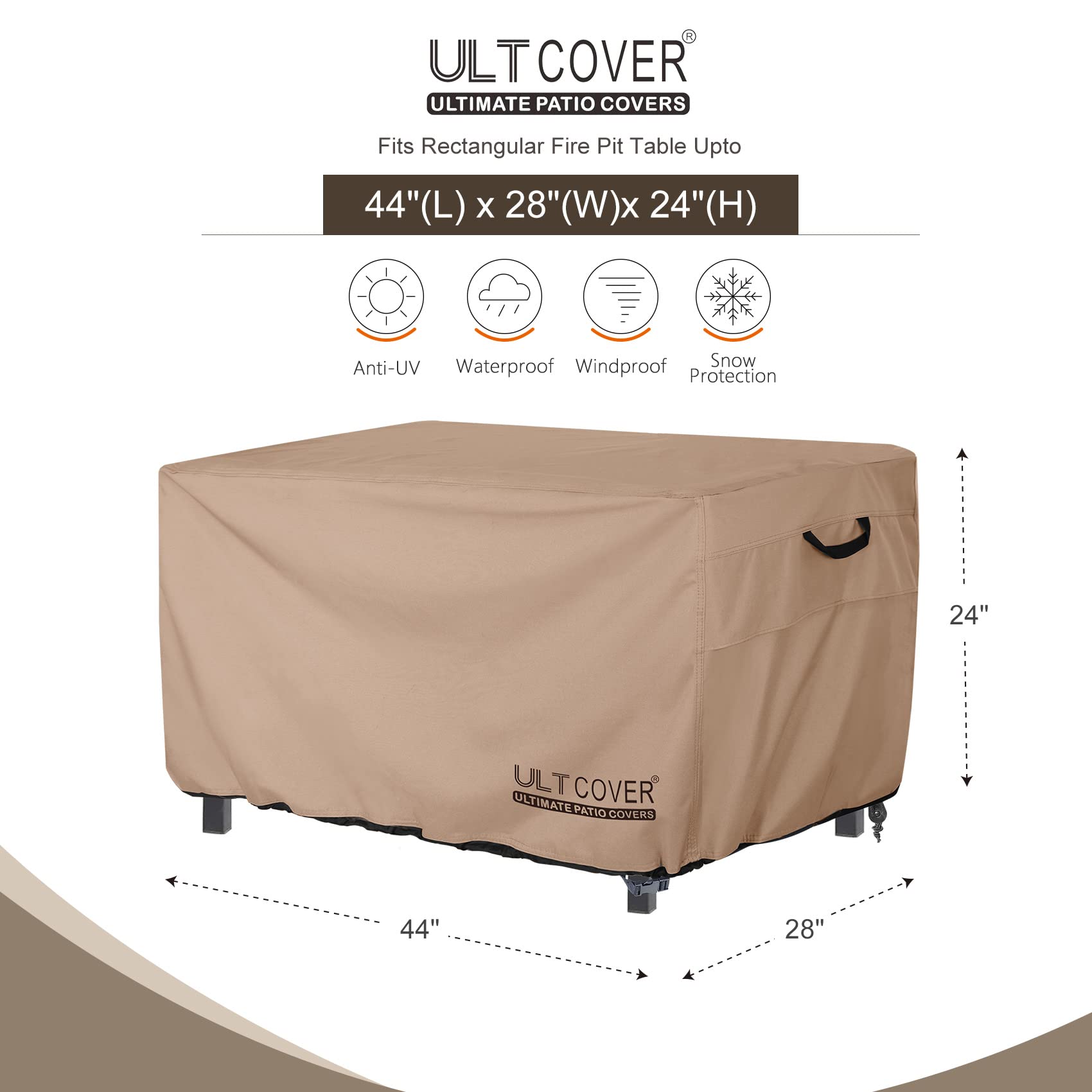 ULTCOVER Rectangular Gas Fire Pit Table Cover 44x28 inch Waterproof Heavy Duty Firepit Cover