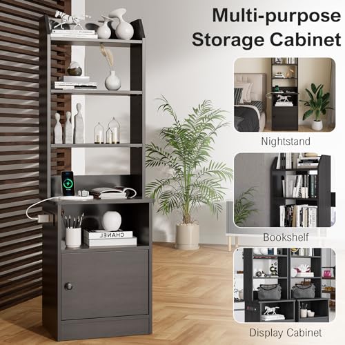 Aufvolr 6 Tier Bookshelf with Cabinet,Tall Night Stand with Charging Atation, Wood Book Shelf Storage Organizer, Modern Display Standing Shelf Unit for Bedroom, Living Room, Office (Black)