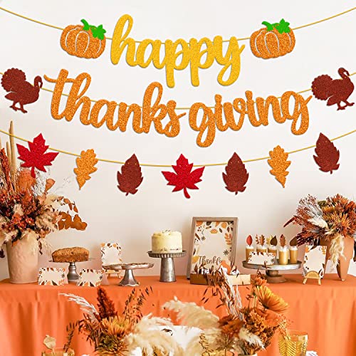 Happy Thanks Giving Banner Fall Leaves Garland Thanksgiving Day Autumn Turkey Theme for Happy Thanksgiving Party Glitter Gold Decoration