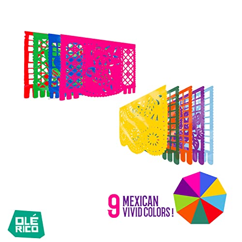 OLÉ RICO - Mariachi Banner, Plastic Papel Picado Banner, Mexican Party Banner, Mexican Themed Party Decorations, Fiesta Party Decorations, Authentic Mexican Decorations, 16 x 13 in 16 ft. Long, 10 Count (Pack of 10)