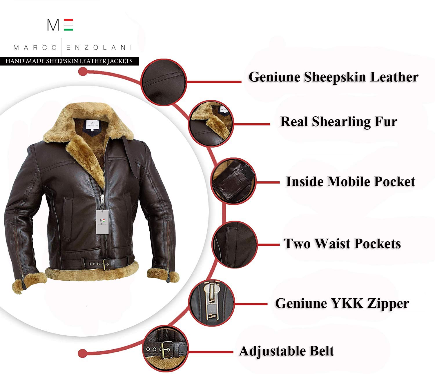 Marco Enzolani RAF Bomber Ginger Men B3 Bomber Jacket Aviator Real Shearling bomber Sheepskin Leather Jacket (Brown, m)