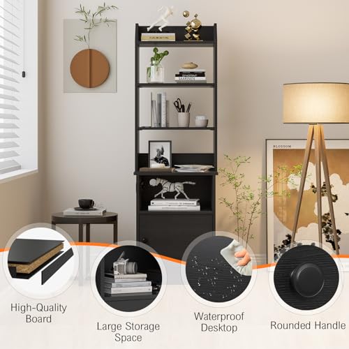 Aufvolr 6 Tier Bookshelf with Cabinet,Tall Night Stand with Charging Atation, Wood Book Shelf Storage Organizer, Modern Display Standing Shelf Unit for Bedroom, Living Room, Office (Black)