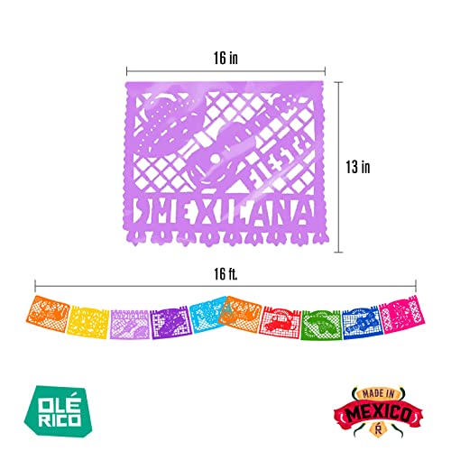 OLÉ RICO - Mariachi Banner, Plastic Papel Picado Banner, Mexican Party Banner, Mexican Themed Party Decorations, Fiesta Party Decorations, Authentic Mexican Decorations, 16 x 13 in 16 ft. Long, 10 Count (Pack of 10)