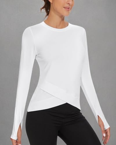 Soneven Women's Long Sleeve Compression Shirts Running Workout Tops Cross Hem Athletic Yoga T-Shirts with Thumbholes