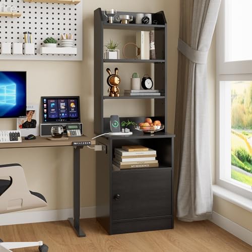 Aufvolr 6 Tier Bookshelf with Cabinet,Tall Night Stand with Charging Atation, Wood Book Shelf Storage Organizer, Modern Display Standing Shelf Unit for Bedroom, Living Room, Office (Black)