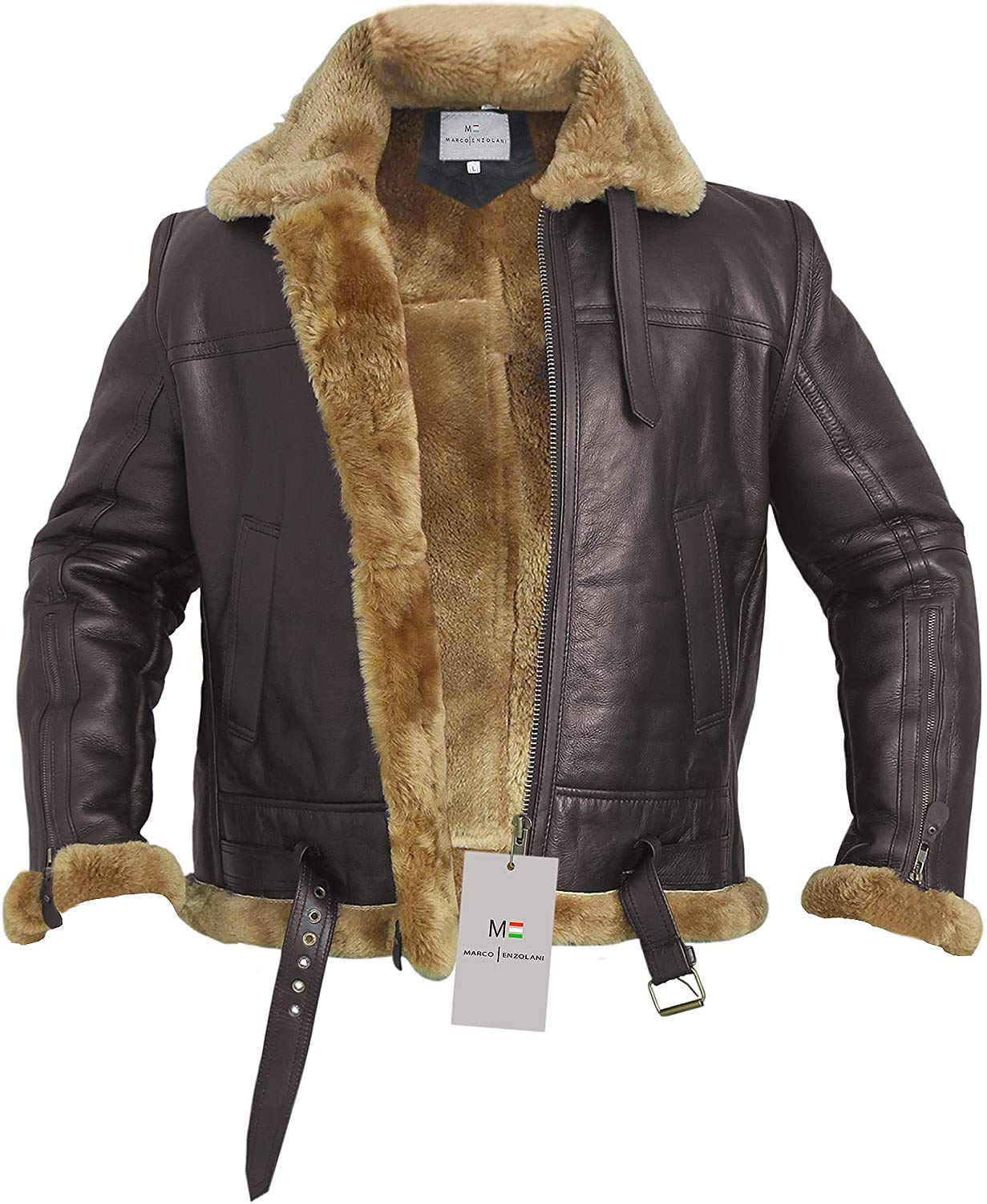 Marco Enzolani RAF Bomber Ginger Men B3 Bomber Jacket Aviator Real Shearling bomber Sheepskin Leather Jacket (Brown, m)
