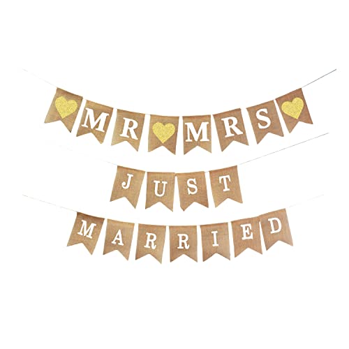 Just Married Banner Flag – Mr and Mrs Banner Rustic Burlap Sign Decoration for Wedding Party Table Photobooth Props Home Wall by Mandala Crafts