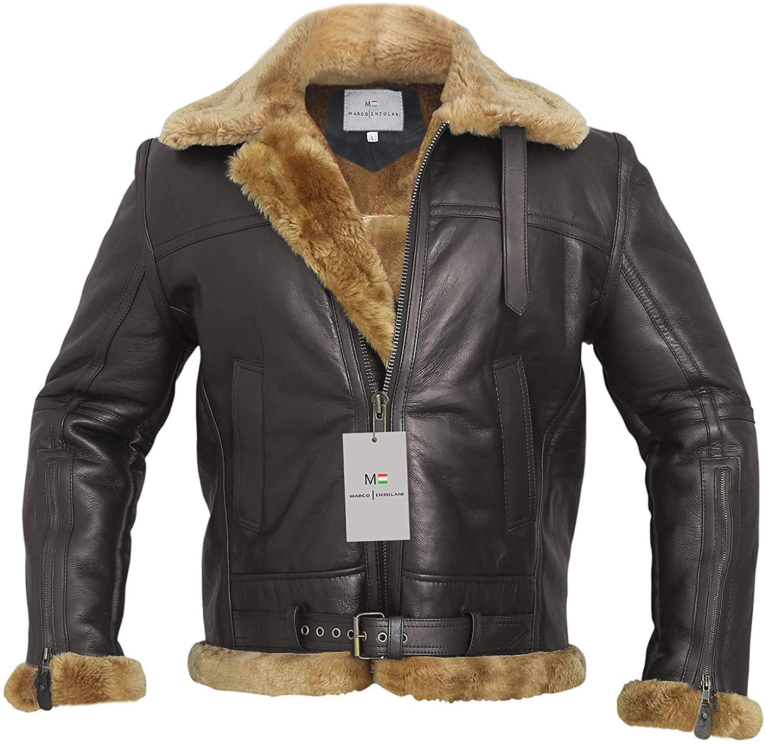 Marco Enzolani RAF Bomber Ginger Men B3 Bomber Jacket Aviator Real Shearling bomber Sheepskin Leather Jacket (Brown, m)