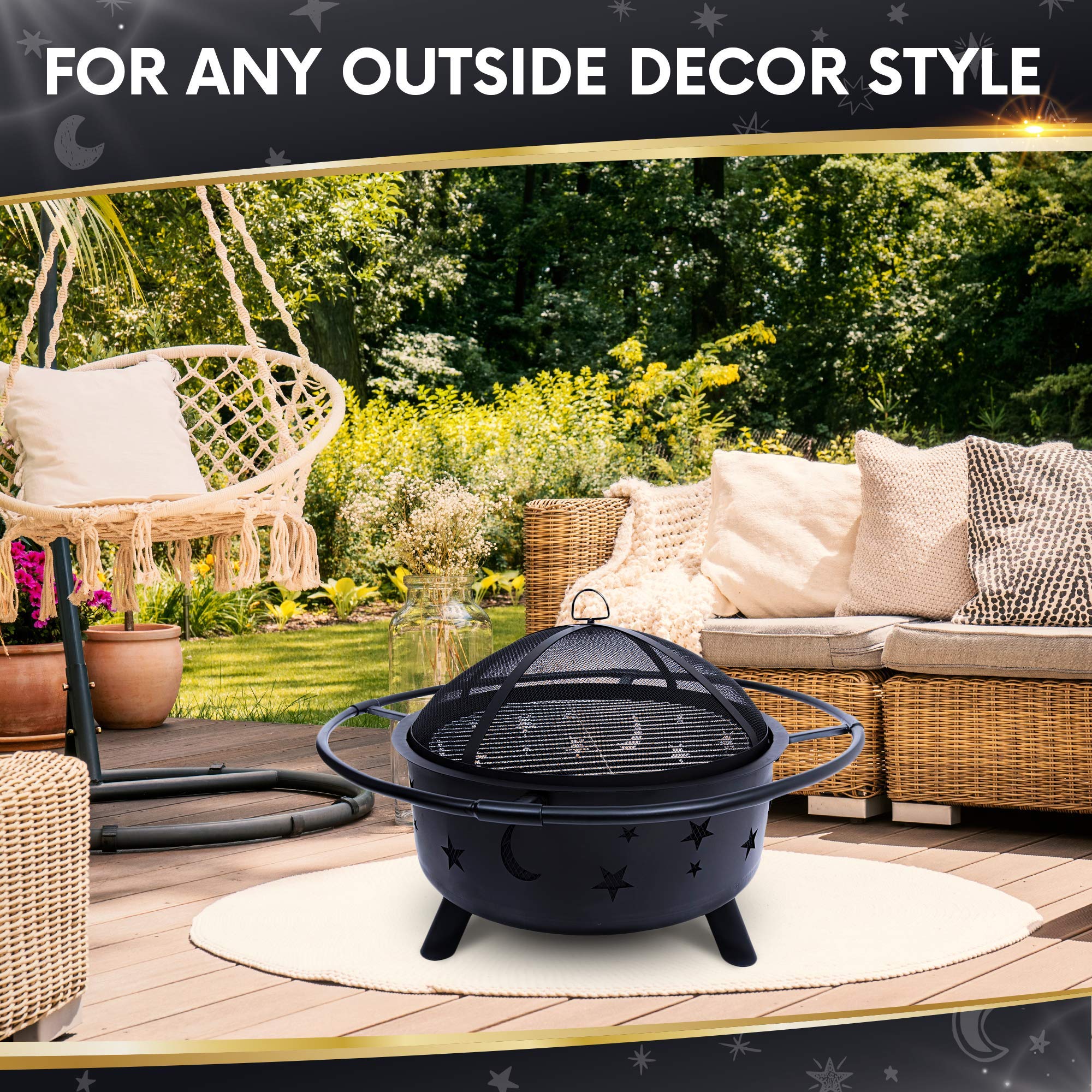 Project One Outdoor Fire Pit - 30 Inch Round Bonfire Wood Burning Patio & Backyard Firepit for Outside with Cooking BBQ Grill Grate, Spark Screen, and Fireplace Poker
