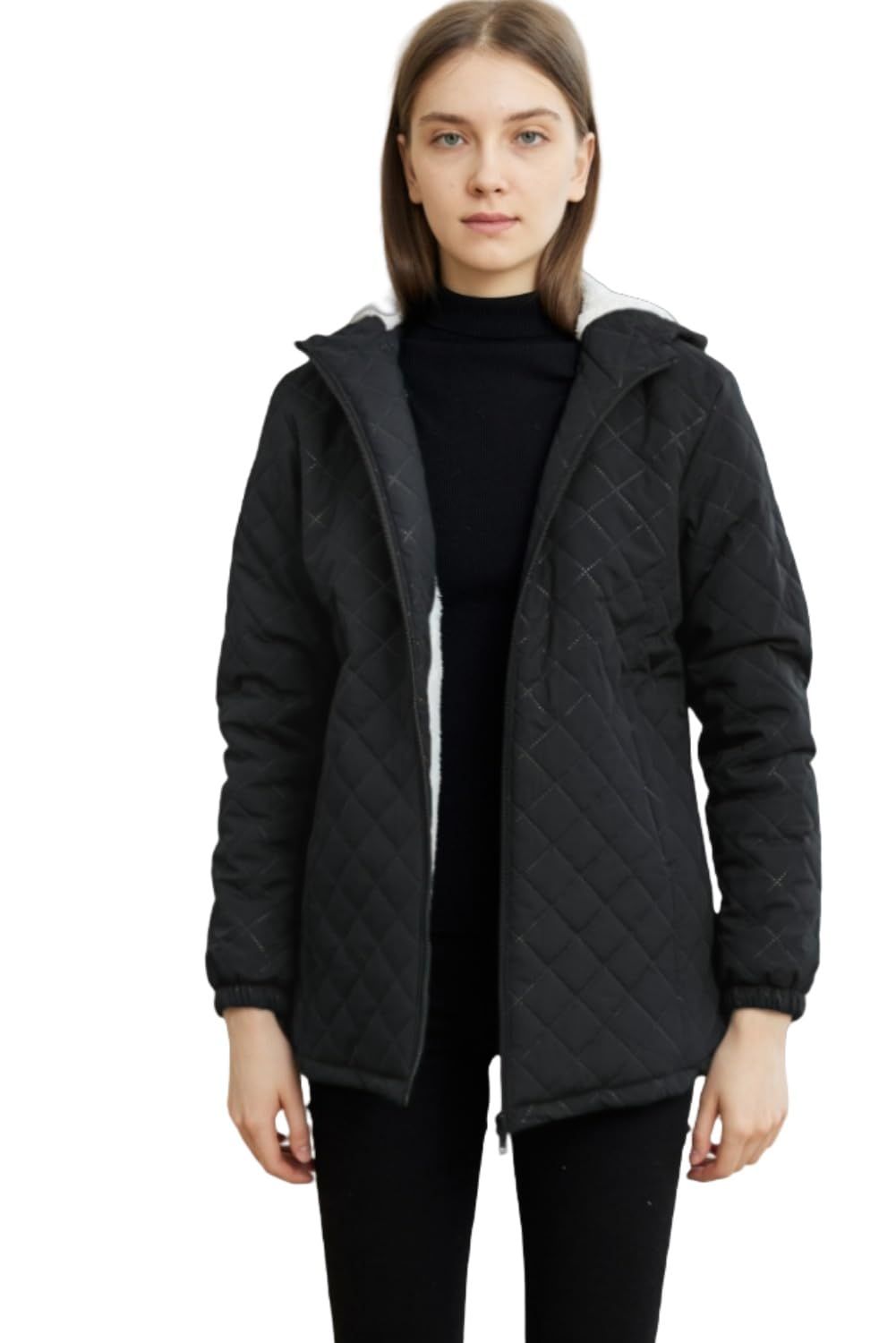 LQHHYLYX Womens Winter Outdoor Two-Pocket Fleece Hooded Long Warm Zipper Jacket (Large, Black)
