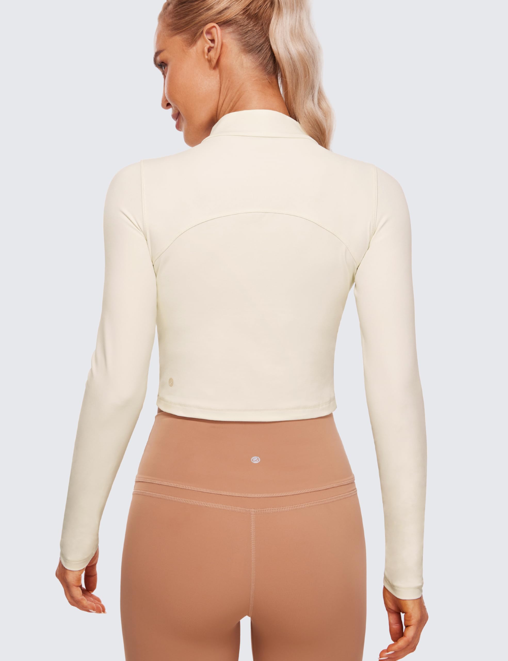 CRZ YOGA Womens Butterluxe Mock Turtleneck Long Sleeves Crop Tops Slim Fit Workout Casual T-Shirt Base Layer Fall Shirts White Apricot Medium