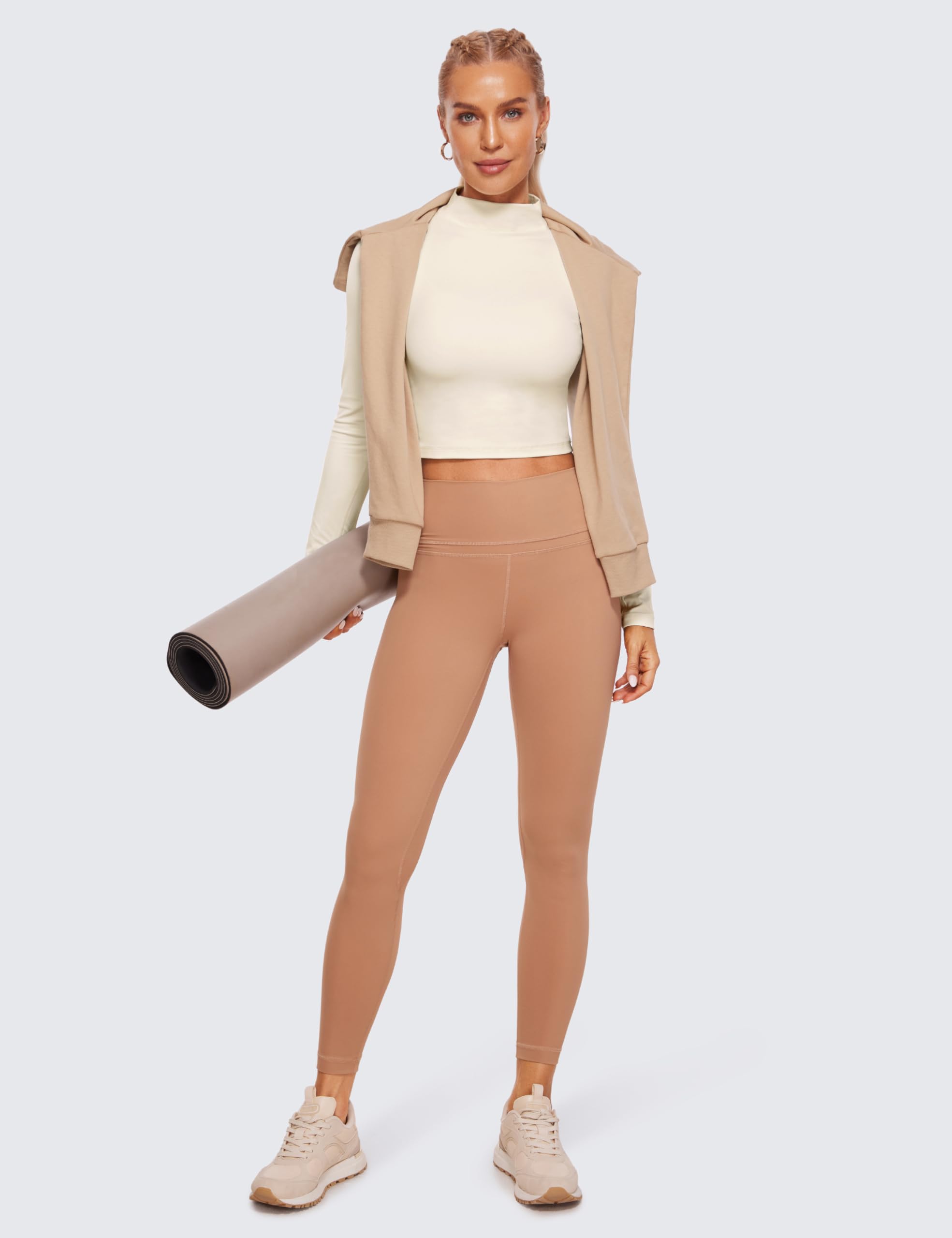 CRZ YOGA Womens Butterluxe Mock Turtleneck Long Sleeves Crop Tops Slim Fit Workout Casual T-Shirt Base Layer Fall Shirts White Apricot Medium